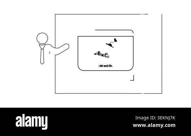 A simple line drawing of a person presenting a map on a screen ...