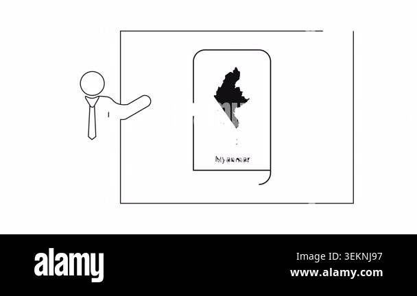 A simple line drawing shows a businessman icon presenting a smartphone ...