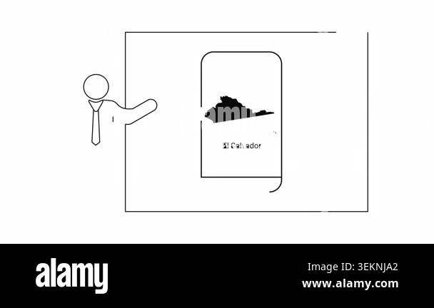 A simple line drawing shows a man pointing towards a smartphone ...