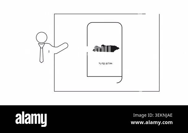 A simple line drawing of a man gesturing towards a large screen ...