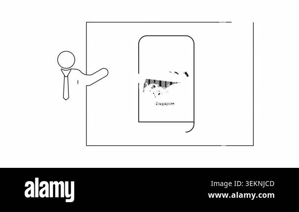 A simple line drawing of a man pointing towards a presentation screen ...