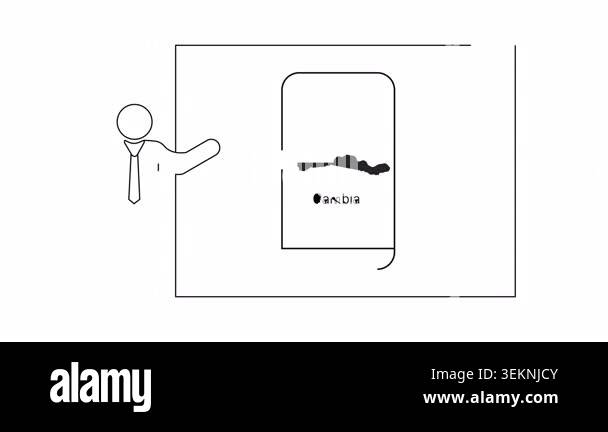 A simple line drawing of a man pointing to a screen displaying a ...