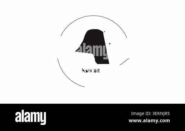 A minimalist black and white graphic featuring the outline of Kuwait ...