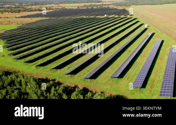 Aerial view of photovoltaic farm with extensive module rows and grassy ...
