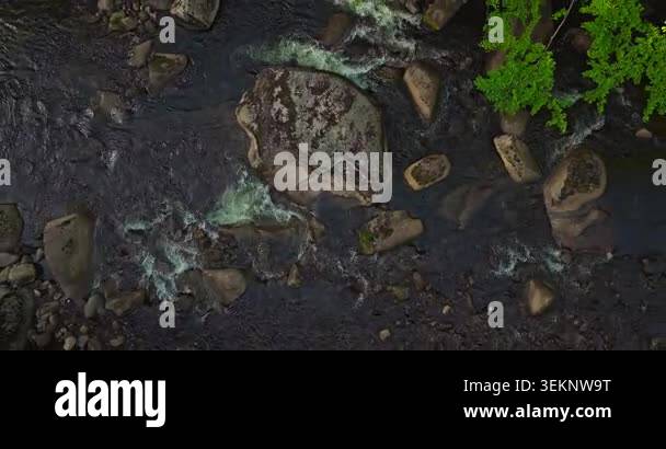Cinematic drone shot ascending upward above a rocky forest river during ...