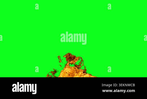 Realistic super slow motion fire blast explosion isolated on green ...