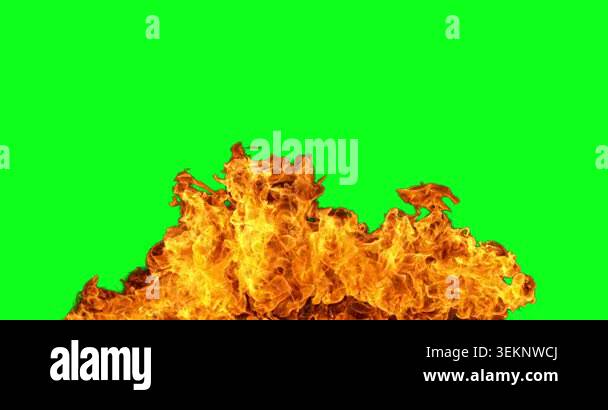 Realistic super slow motion fire blast explosion isolated on green ...