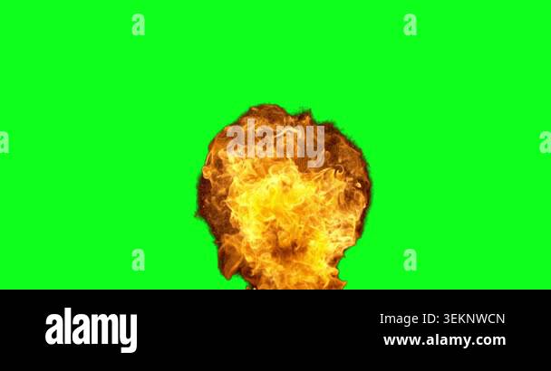 Realistic super slow motion fire blast explosion isolated on green ...