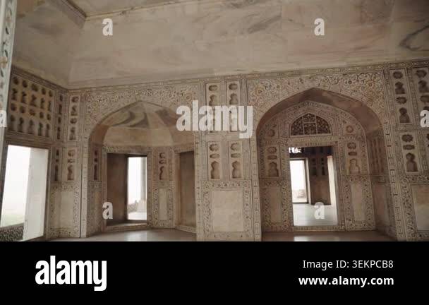 Elegant interior of a historic palace hall inside the famous Agra Fort ...