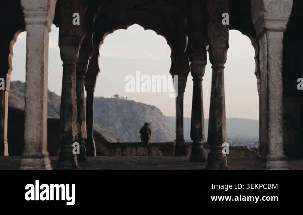 Majestic view from an ancient Indian temple, where a rhesus macaque ...