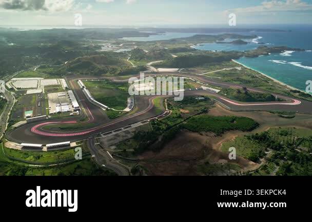 Aerial drone pan over Pertamina Mandalika International Circuit, Lombok ...
