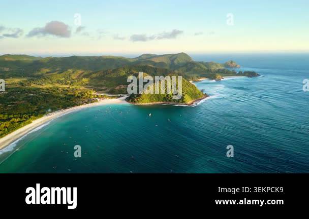 Aerial drone shot advancing over Selong Belanak Beach, Lombok ...