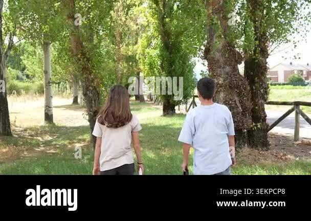 Rear view of a young boy and girl walking in a green park, stopping to ...