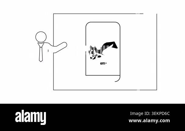 A simple line drawing shows a person in a suit pointing towards a large ...