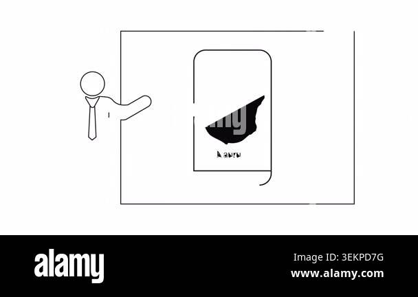 A simple line drawing of a person pointing at a screen displaying a ...