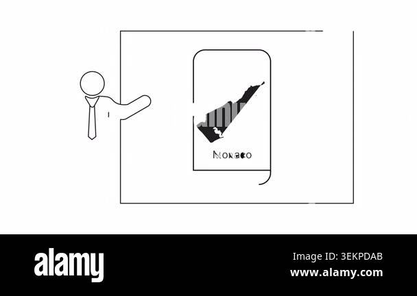 A simple line drawing of a man gesturing towards a screen displaying a ...