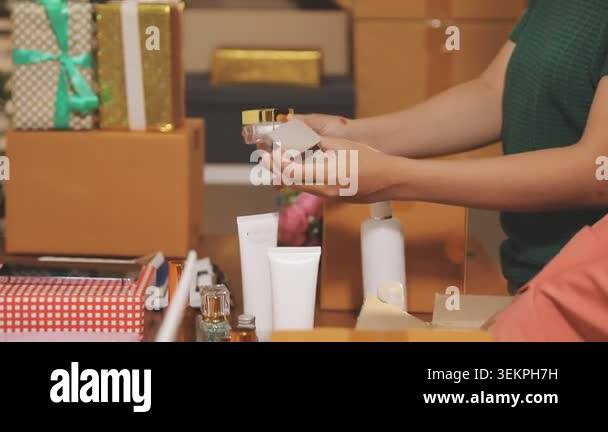 female hands with cosmetics and makeup brush in the box Stock Video ...
