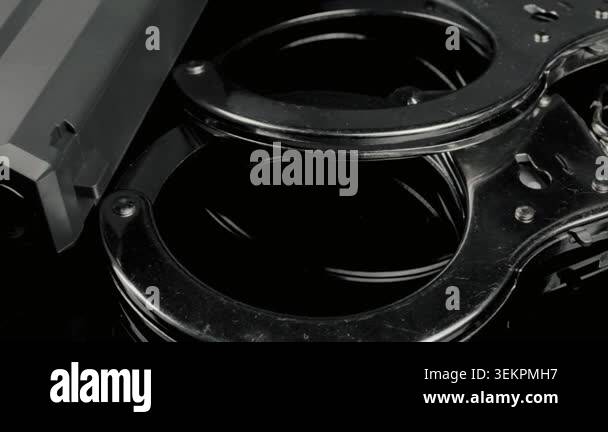 4K panning video moving from metal handcuffs to a police badge and ...