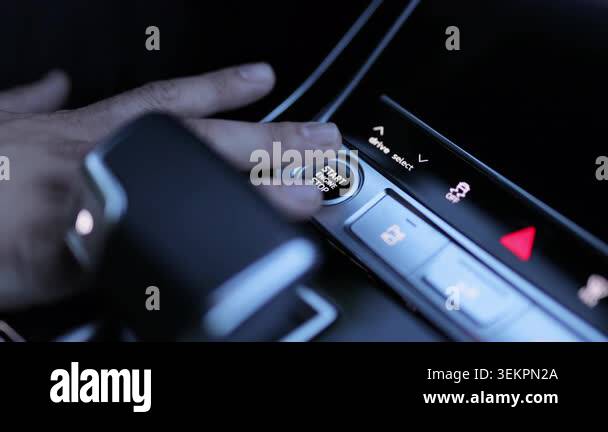 Pushing start stop Button to start keyless ignition hybrid car electro ...