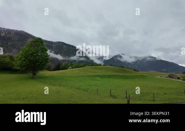 Panoramic shot of majestic green alpine mountains hidden behind heavy ...