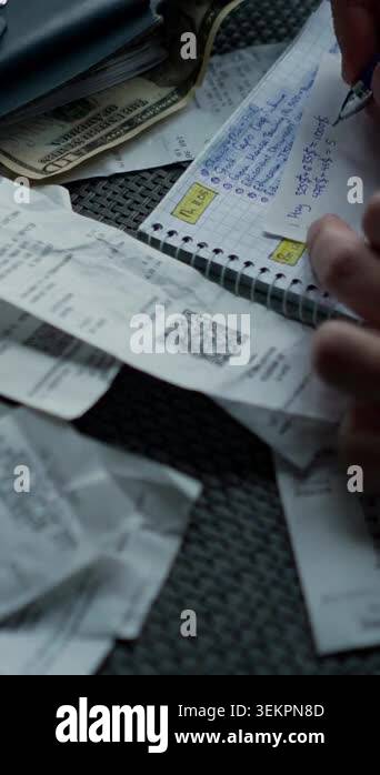 Close-up of invoices and receipts for goods from a store. Inflation and ...