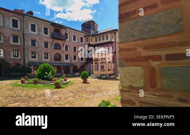 View of the inner yard at Xiropotamou Monastery featuring the central ...