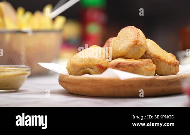 Crispy golden chicken nuggets served on wooden plate, blurred kitchen ...