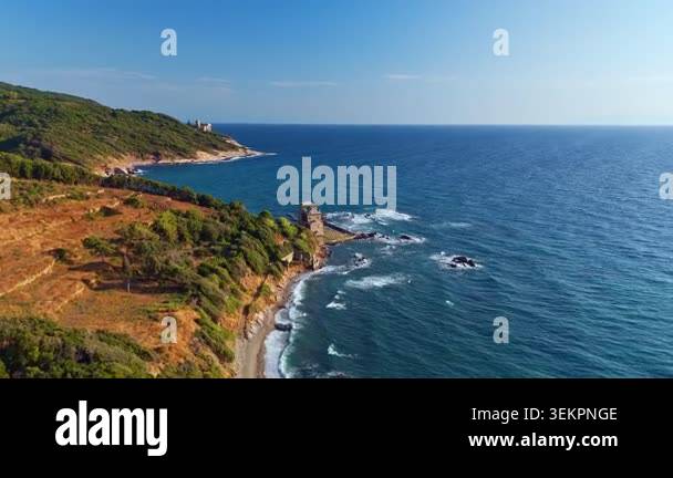 Aerial view of the rugged Athos coastline, showing the rocky cliffs and ...