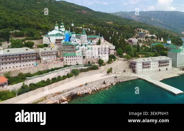 High angle aerial perspective of the Saint Panteleimon Monastery, known ...