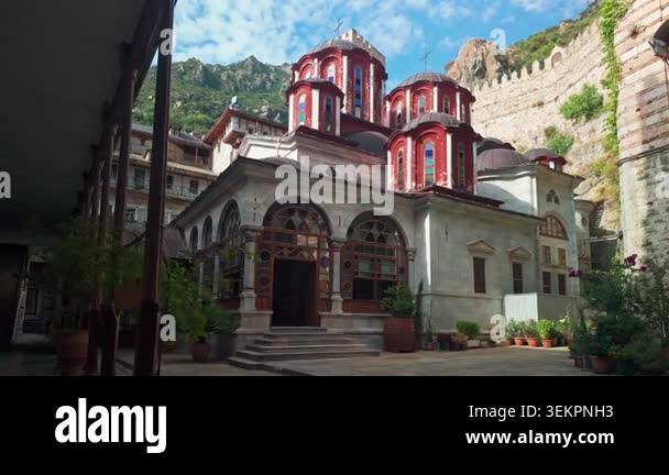 Cinematic view of the inner courtyard of Agiou Pavlou Monastery ...
