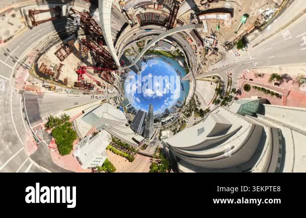Inverted tiny planet aerial video Downtown Miami industrial scene Stock ...