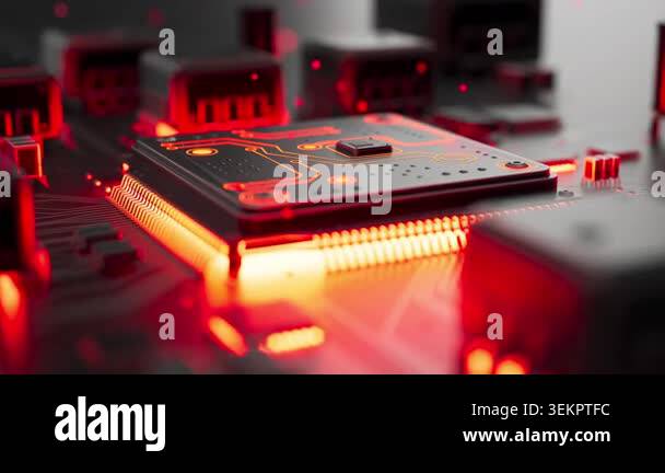 Modern 3D animation of a high-tech motherboard with a glowing central ...