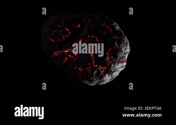 Looping 3D animation of a space alien asteroid rotation. Fiery red lava ...