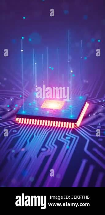 Futuristic 3D loop animation featuring a luminous processor chip with ...