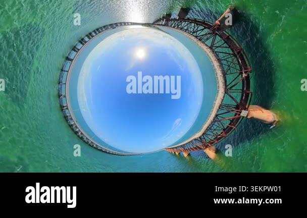 Aerial inverted tiny planet old railroad bridge Bahia Honda Florida ...