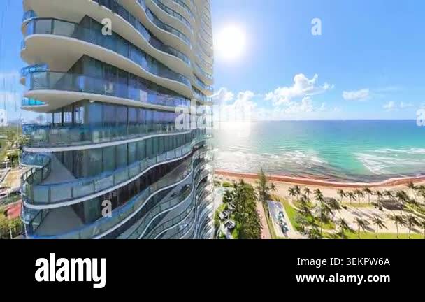Aerial panning video of towers on the beach on a sunny summer day Stock ...