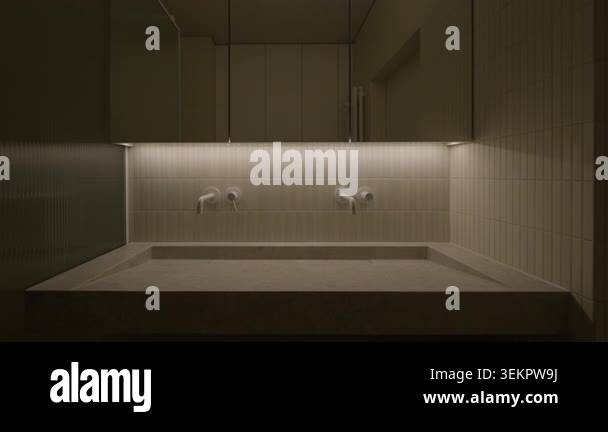 Dimmed night LED strip lighting under mirror cabinet illuminates custom ...