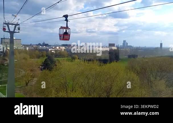 POV ride in Cologne cable car with passing gondola cabin above Rhine ...