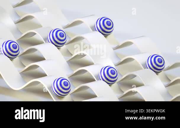 Abstract 3d render striped spheres rolling the curve pathway. Light ...