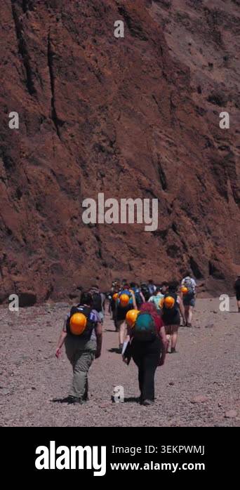 Vertical Screen: Group of adventure hikers carrying backpacks with ...