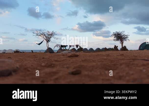 Low angle view of a quiet campsite on dry ground with tents, two small ...