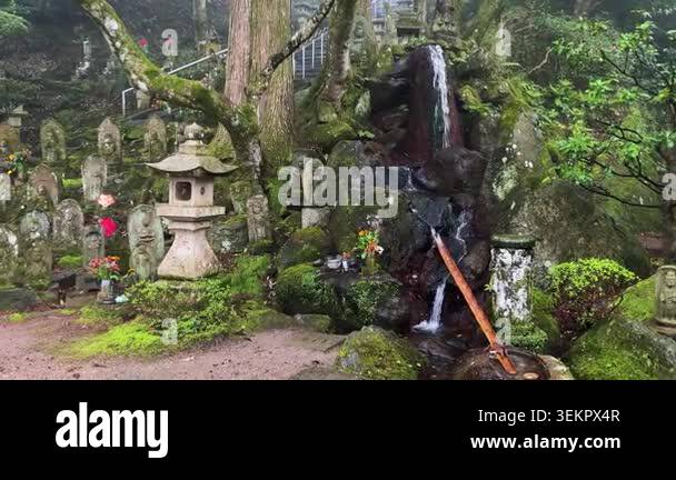 Mossy stone Rakan and Buddhist statues stand on the green hillside of ...