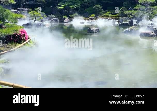 The artificial fog spreads beautifully over the large traditional pond ...