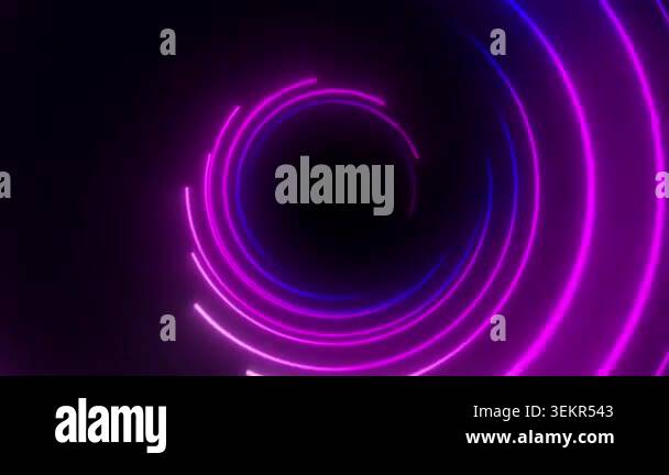 Abstract glowing round tunnel formed by neon purple and blue light arcs ...