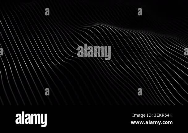 White flowing line wave on deep black background. Gray silver linear ...