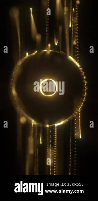 Abstract golden glowing particle sphere. Vertical light streak streams ...