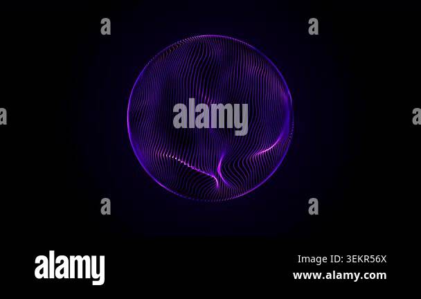 Abstract purple wireframe sphere formed by flowing neon lines black ...