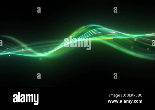 Abstract neon green flowing wave lines glowing particles dark ...