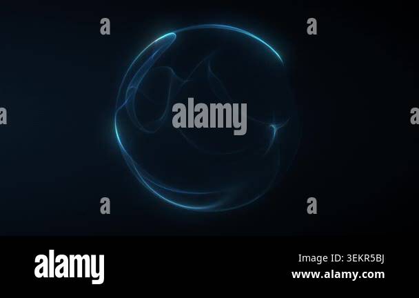 blue translucent orb volume. Curved light ribbons forming fluid wave ...