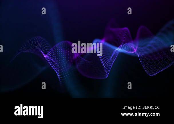 Blue and violet particle wave flowing through dark digital space ...